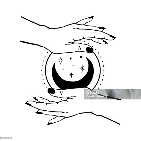 달과 별을 들고 여성의 손의 벡터 그림입니다 기호 엠블럼 티셔츠 패션 프린트 스티커 스킨 케어 또는 화장품 브랜딩을위한 트렌디