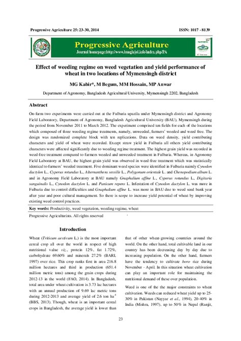 Pdf Effect Of Weeding Regime On Weed Vegetation And Yield Performance Of Wheat In Two