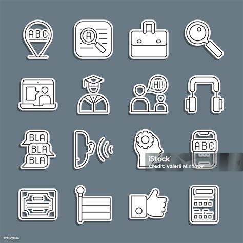 세트 라인 시험지 외국어 온라인 학습 헤드폰 서류 가방 졸업 및 졸업 모자 알파벳 및 두 명의 앉아있는 남자가 아이콘을 말하고 있습니다 벡터 가방에 대한 스톡 벡터 아트 및