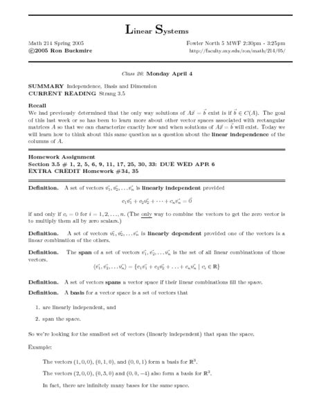 Linear Systems Independence Basis And Dimension Worksheet For 12th Higher Ed Lesson Planet