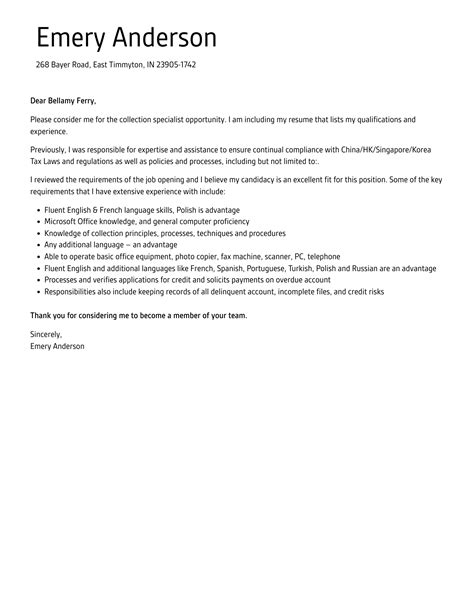 Collection Specialist Cover Letter Velvet Jobs
