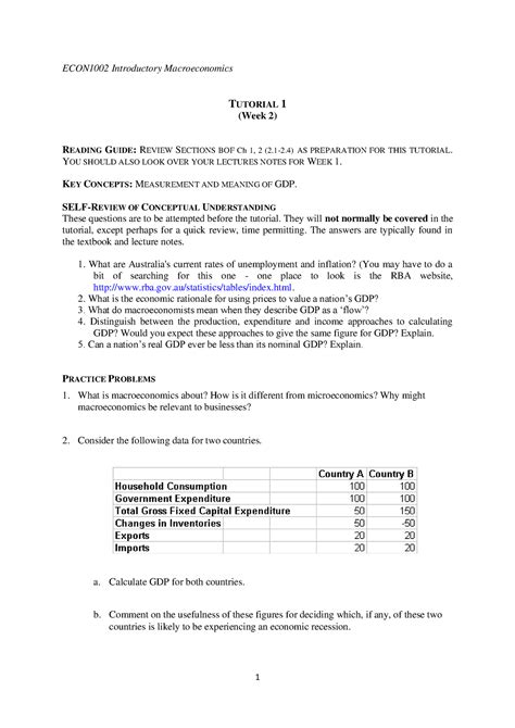 Tutorial 01 Week 2 Questions 1 Econ1002 Introductory Macroeconomics Tutorial 1 Week 2