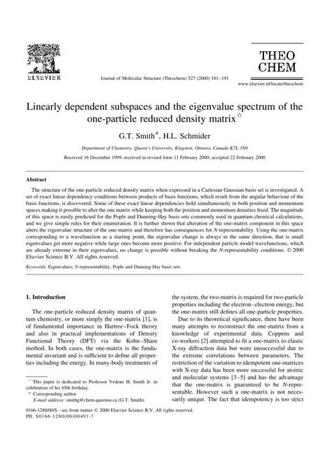 Pdf Linearly Dependent Subspaces And The Eigenvalue Spectrum Of The One Particle Reduced