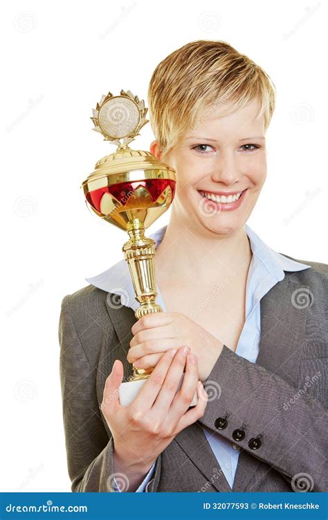 Young Woman Holding Big Trophy Cup Stock Image Image Of Hold Career