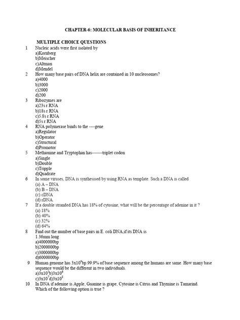6 Molecular Basis Of Inheritance Mcq Pdf