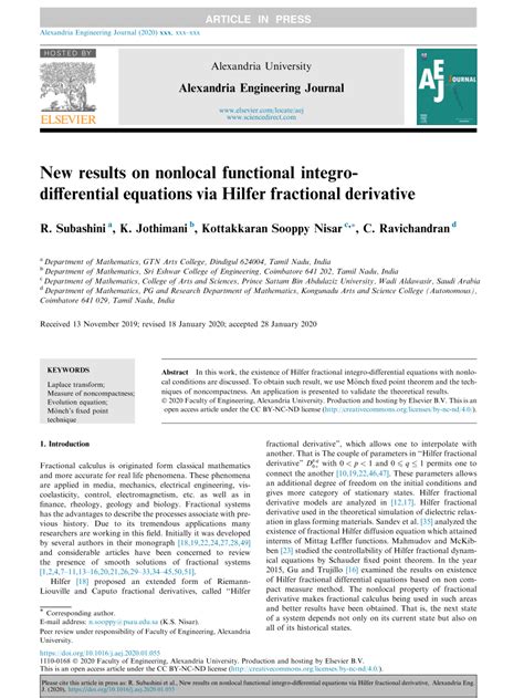 Pdf New Results On Nonlocal Functional Integro Differential Equations Via Hilfer Fractional