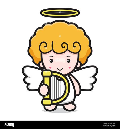 Cute Angel Cartoon Character Holding Harp Stock Photo Alamy