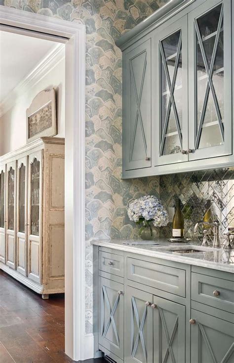 Coastal Blue Kitchen With Marble Countertops Butlers Pantry With