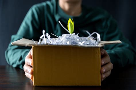 환경적으로 지속 가능한 재활용 종이 상자를 들고 있는 여성 Solution은 재활용품을 사용하여 친환경적인 원칙을 구현합니다 여성은 지속 가능한 생활 방식을 수용하는 기쁨을