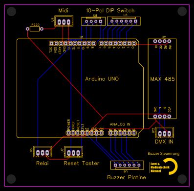 PCB HP ARduino DMX Board Anschluss Dip Relai Taster MIDI Buzzer Resources EasyEDA