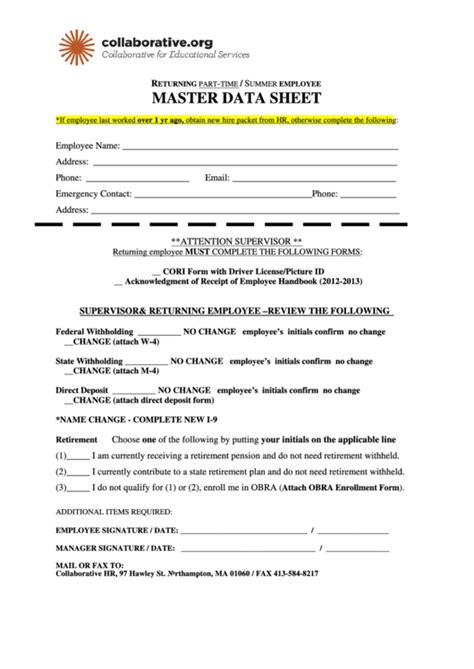 Employee Master Data Sheet Printable Pdf Download