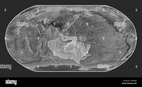 Australian Tectonic Plate On The Grayscale Elevation Map In The Robinson Projection Centered