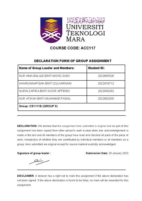 Acc117 Group Assignment Course Code Acc Declaration Form Of Group