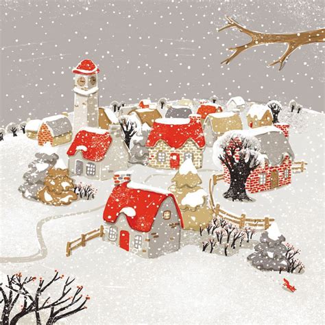 Заснеженный маленький городок Дома с черепичными крышами снег Иллюст… Рождественское