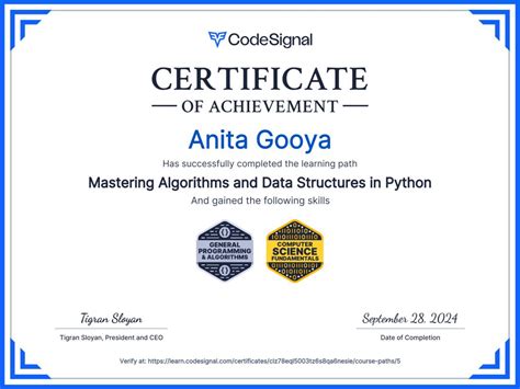 anita gooya on linkedin codesignal learning path certificate of