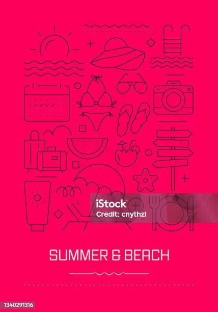 여름과 해변 관련 현대 라인 디자인 브로셔 포스터 전단지 프리젠 테이션 템플릿 벡터 일러스트 잡지 표지에 대한 스톡 벡터 아트