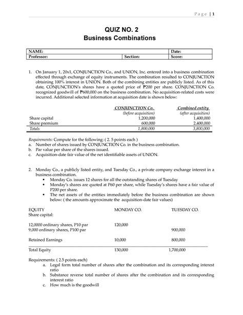 MIDTERM 2020 Questions And Answers P A G E 1 QUIZ NO 2 Business Combinations NAME Date
