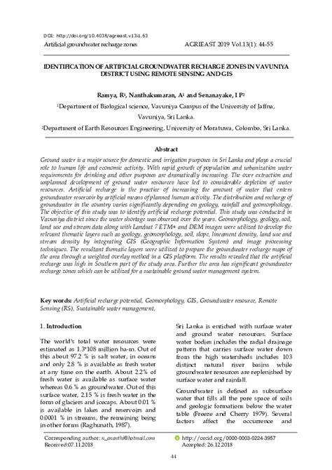 Pdf Identification Of Artificial Groundwater Recharge Zones In Vavuniya District Using Remote