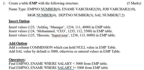 solved 1 create a table emp with the following structure