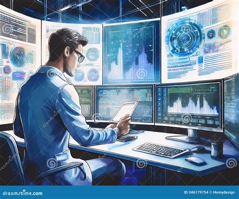 A Person in a Futuristic Control Room Monitors Multiple Screens Displaying Data Visualizations ...