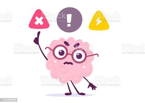 손가락 포인트 업 과 흰색 배경에 경고 기호와 안경핑크 인간의 뇌 캐릭터의 벡터 창조적 인 그림 심각한 두뇌의 플랫 낙서 스타일 지식 개념 디자인 과학에 대한 스톡 벡터