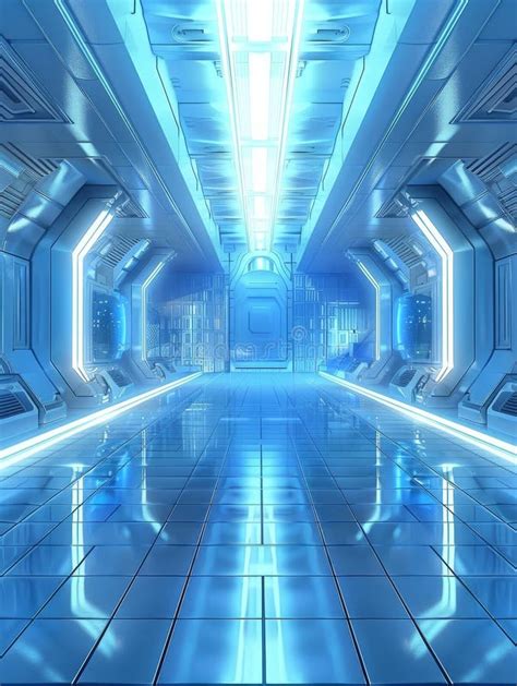 A High Tech Corridor Bathed In Blue Light With A Circular Doorway At The End Suggesting An