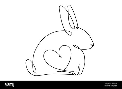 Easter Bunny With Heart Continuous One Line Drawing Rabbit Simple Image Minimalist Vector