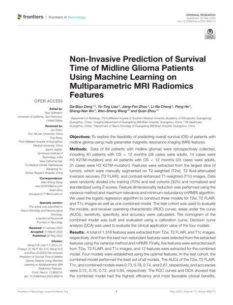 Pdf Non Invasive Prediction Of Survival Time Of Midline Glioma Patients Using Machine Learning