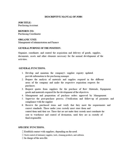 Purchasing Assistant Manual Pdf Business Economies