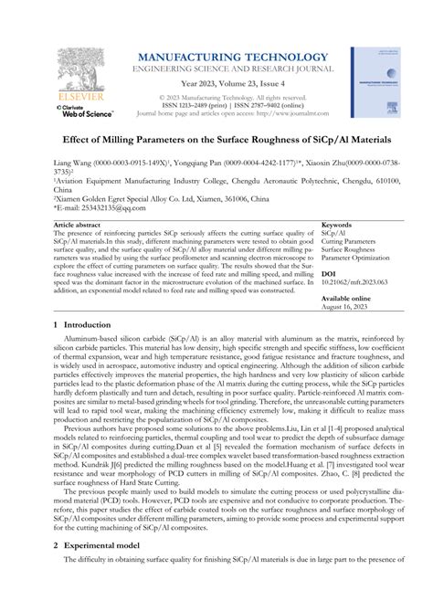 Pdf Effect Of Milling Parameters On The Surface Roughness Of Sicpal Materials