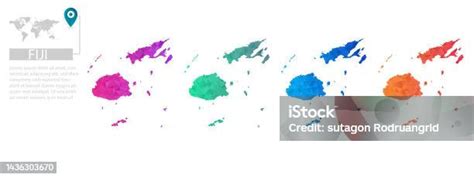 벡터 다각형 피지 지도 집합입니다 낮은 폴리 스타일의 국가의 밝은 그라데이션 지도 인포그래픽을 위한 기하학적 스타일의 여러 가지 빛깔의 국가 지도 당신을 위한 다각형 디자인