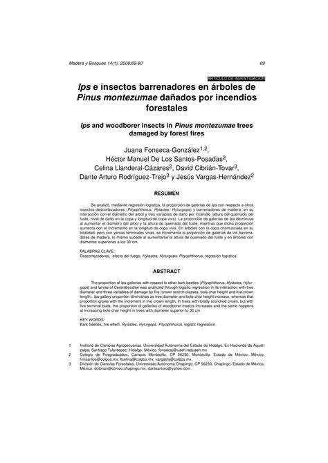 Pdf Ips E Insectos Barrenadores En árboles De Pinus Montezumae Dañados Por Incendios Forestales
