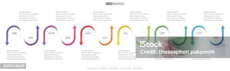 비즈니스 프로젝트 원 위쪽 화살표 아래쪽 타임라인 다이어그램 비즈니스를 위한 인포그래픽 로드맵 템플릿입니다 12개월 현대 타임라인 차트 플래너 다이어그램 달력 프레젠테이션