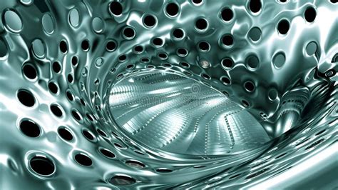 A Futuristic Metallic Interior With A Smooth Reflective Surface And Circular Openings Stock