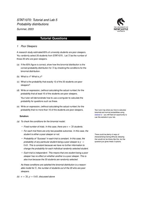Week 5 Tutorial And Lab Solutions Stat1070 Tutorial And Lab 5