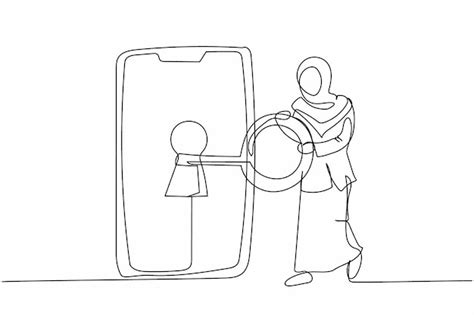 Premium Vector Single One Line Drawing Arabian Businesswoman Put Key Into A Smartphone Unlock