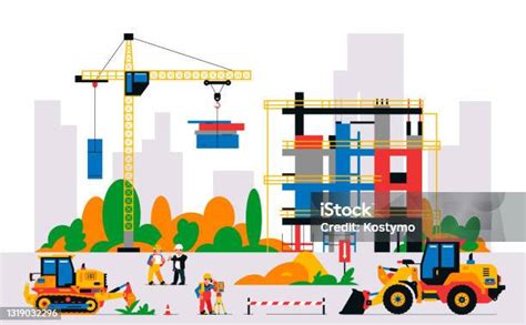 장비와 근로자가 있는 건설 현장 도시의 배경에 대한 건설 중인 건물 미완성 건물 건축업자 서맨 측량사 굴삭기 불도저 벡터 일러스트레이션 벡터에 대한 스톡 벡터 아트 및 기타