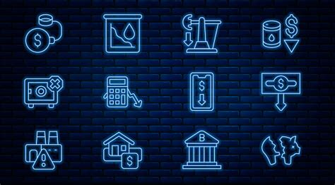 세트 라인 깨진 돼지 저금통 달러 환율 하락 원유 가격 하락 비용 계산 금고 동전에 연결된 부채 공 모바일 주식 거래 및 아이콘 벡터 0명에 대한 스톡 벡터 아트 및 기타