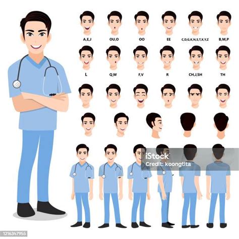애니메이션 스마트 유니폼 전문 의사와 만화 캐릭터 전면 측면 후면 34 뷰 문자 본체의 분리 된 부분 플랫 벡터 그림입니다 남자에 대한 스톡 벡터 아트 및 기타 이미지