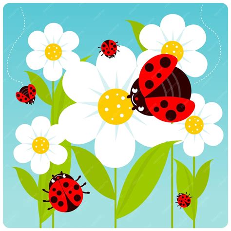 Bonitas Mariquitas Volando Alrededor De Flores Blancas En El Jardín En