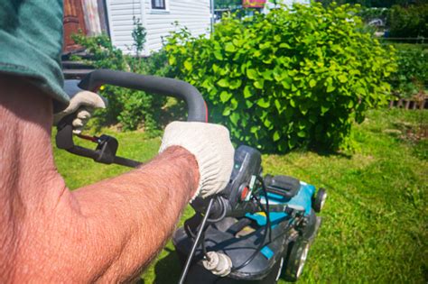 현대 정원이나 뒤뜰의 푸른 잔디에 잔디 발동기 잔디밭을 자르는 기계 원예 관리 도구 및 장비 잔디 다듬기 과정 0명에 대한 스톡