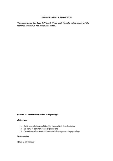 Lecture Intro Handout PS MIND BEHAVIOUR The Space Below Has Been Left Blank If Studocu
