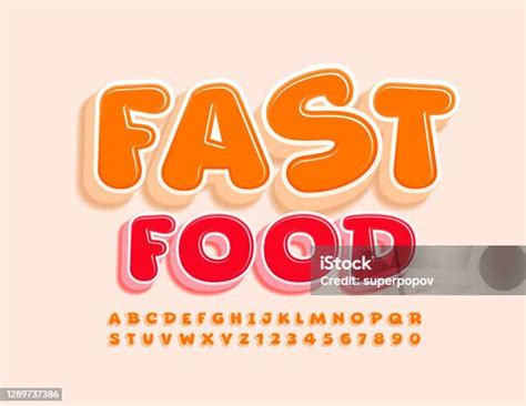 오렌지 재미 알파벳 편지와 숫자 세트 벡터 맛있는 로고 패스트 푸드 컴퓨터 글자에 대한 스톡 벡터 아트 및 기타 이미지