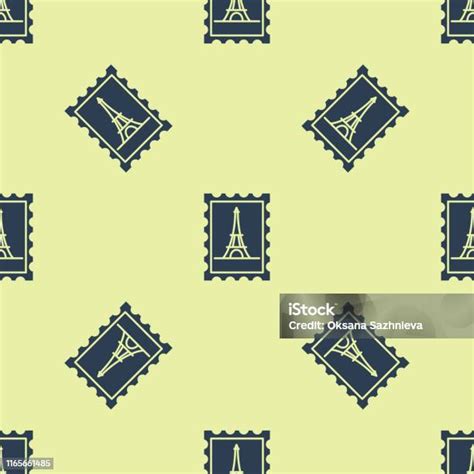 파란색 우편 스탬프와 에펠 탑 아이콘 흰색 배경에 분리 된 원활한 패턴 벡터 일러스트레이션 건축에 대한 스톡 벡터 아트 및 기타