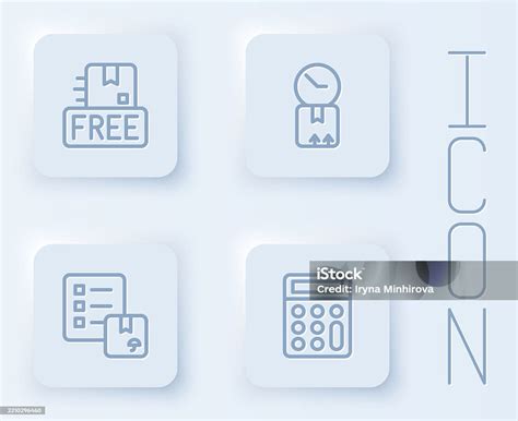 자유로운 상징 시계 납품 명부 및 계산기의 확인을 가진 선 마분지 상자를 놓으십시오 흰색 사각형 버튼 벡터 교육에 대한 스톡 벡터 아트 및 기타 이미지 Istock