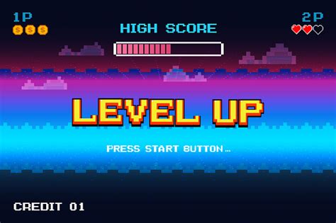 레벨 업 픽셀 아트 배경입니다 8비트 게임 레트로 게임 벡터 일러스트레이션의 게임 자산용 복고풍 미래파 공상 과학 배경 빛나는 네온 그리드와 빈티지 아케이드 콤프의 별 0