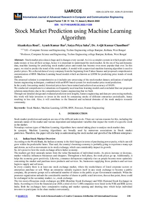 Pdf Stock Market Prediction Using Machine Learning Algorithm