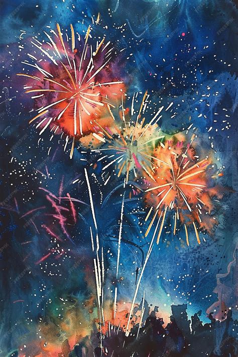 Watercolor Painting Of American Independence Day With Vibrant Fireworks