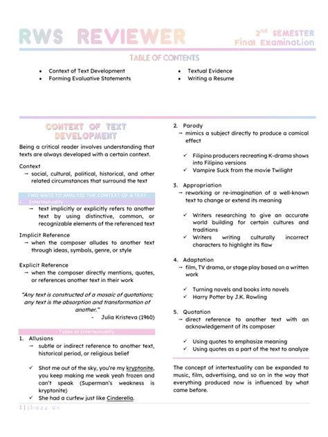 Rws 2nd Sem Finals Reviewer Pdf Résumé Intertextuality