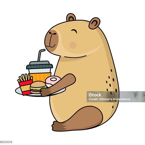 Capybara With Fast Food Fries Hamburger Donut And Drink Stock